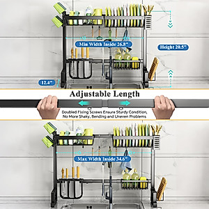Dish Drying Rack, Over The Sink Dish Drying Rack Length Adjustable (From 33.8" to 41.5"), 2 Tier Large Dish Rack with Cup Holder Utensil Holder Caddy, Kitchen Counter Dish Drainer Organizer, Black
