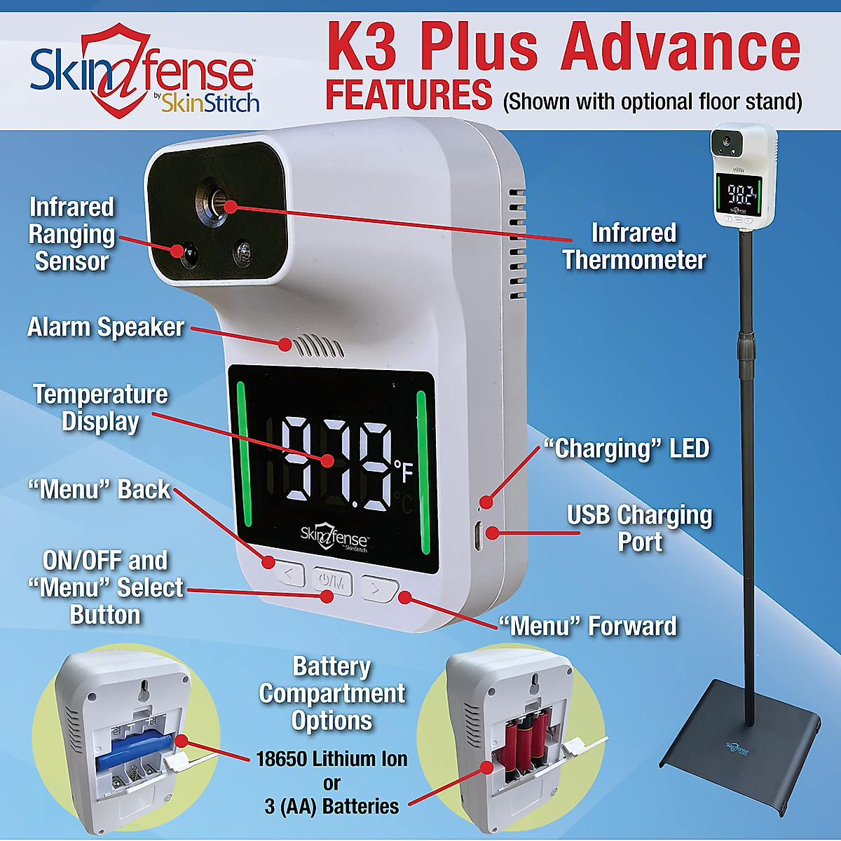 SkinDfense K3 Plus Advance Automatic Temperature Monitor – Infrared Machine with Floor Stand – Non Contact Digital Forehead Scanner System for Adults & Children