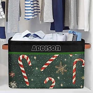 KFNHN Personalized Storage Bins, Customized Name Storage Basket Rectangle Clothes Organizer for Organizing Kids and Pets Toys Shelf Closet, Merry Christmas Green Candy Cane Snowflake