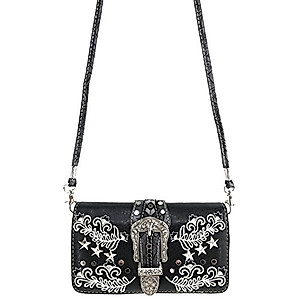 Justin West Buckle Western Floral Damask Embroidery Studs Stars Concealed Carry Handbag Purse (Black Purse Wallet Set)