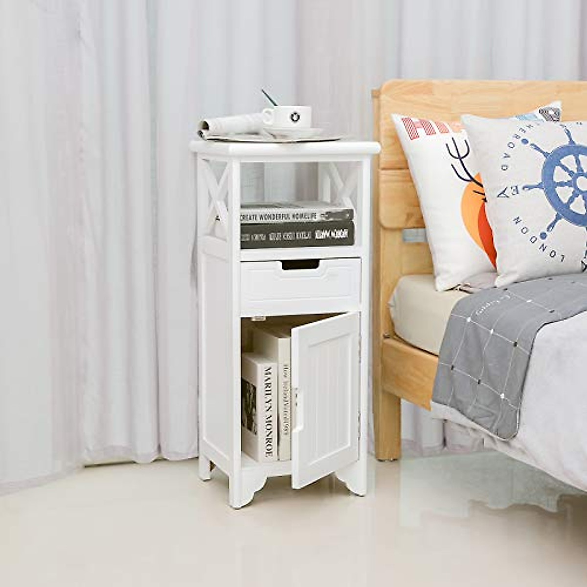 BECTSBEFF Tall End Table with Drawer and Doors(Fully Assembled), 30" Height Floor Standing Storage Cabinet with Shelf for Bathroom, Wood Side Table/Nightstand/Side Cabinet for Bedroom -White