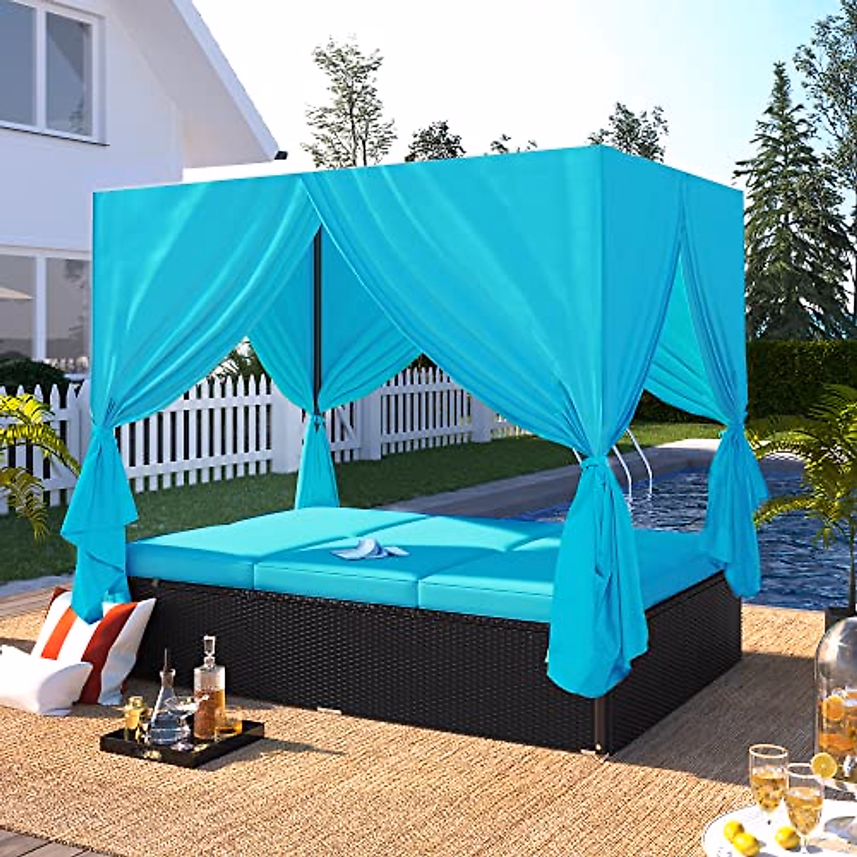 XD Designs Outdoor Patio Wicker Sunbed Daybed with Side and Overhead Curtains, UV-Proof Resin PE Rattan Adjustable Seats for Balcony Garden Backyard Poolside (Blue-1)