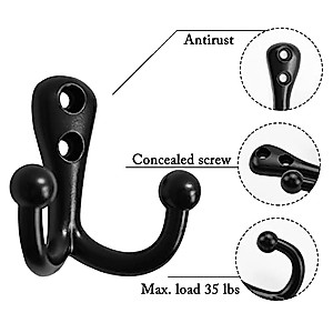 Potaosey 20PCS Black Coat Hooks, Retro Double Wall Mounted Double Prong Robe Hook with 40 Screws for Bedroom, Entryway, Closet, Kitchen, Office, Small Hooks, Hat Hooks
