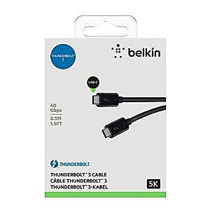 Belkin Thunderbolt 3 Cable (USB-C to USB-C) - USB C Cable For MacBook Air, Galaxy, Apple TV & More, Fast Charging Up To 100W, Made For USB-C, Thunderbolt 3 devices & 5K/Ultra HD - 1.6ft/0.5m - Black