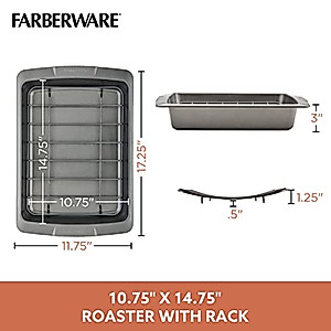Farberware Bakeware Nonstick Roasting Pan/Roaster with U-Rack, 14.75 Inch x 10.75 Inch - Gray
