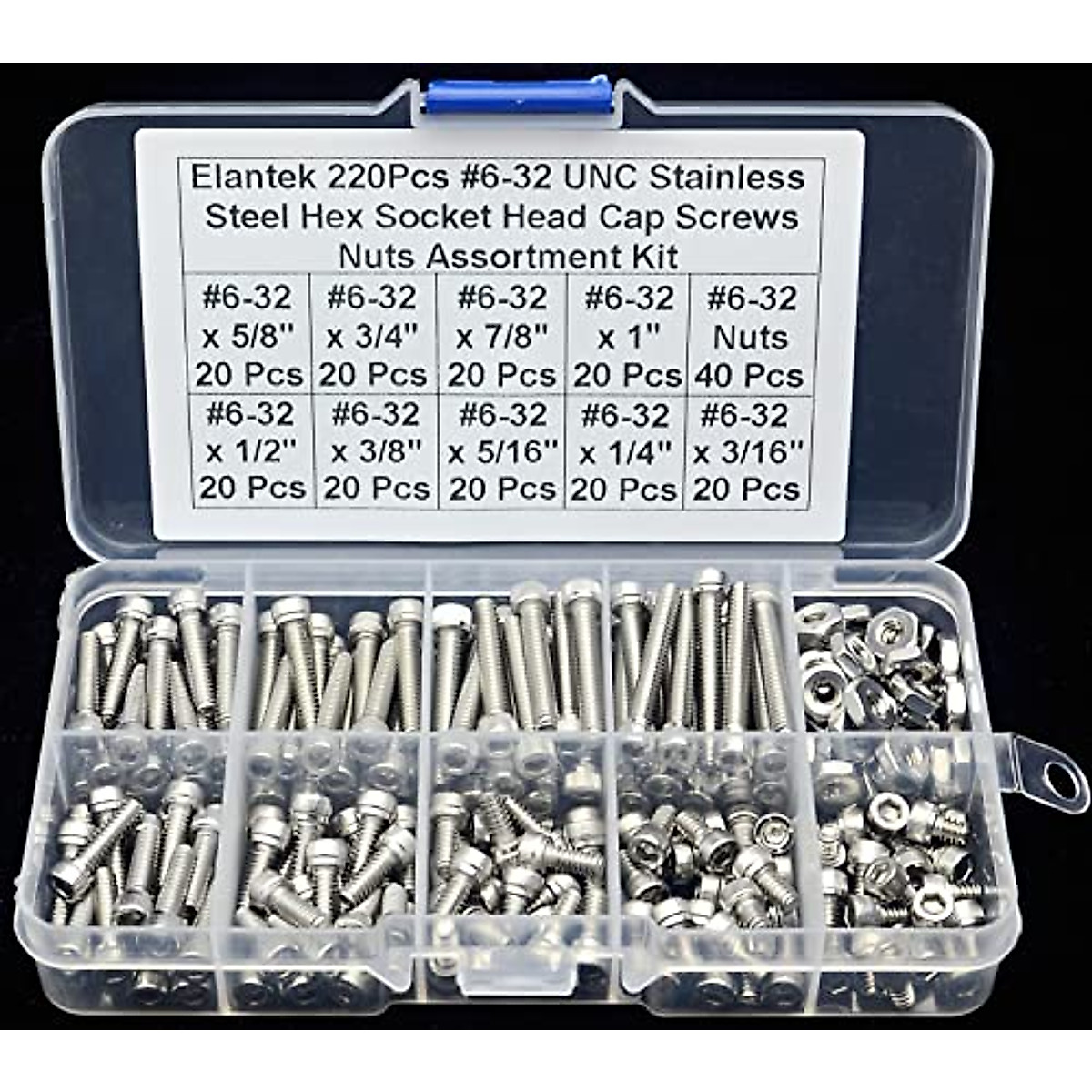 Elantek #6-32 UNC 304-Stainless Steel Hex Socket Head Cap Screws Nuts Assortment Kit