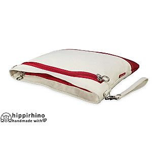 Natural Cotton Crossbody Wristlet Clutch Eco-Friendly Vegan Faux Leather Bag Phone Tablet Case Detachable Strap Unbleached Raw Canvas Fabric (Red)