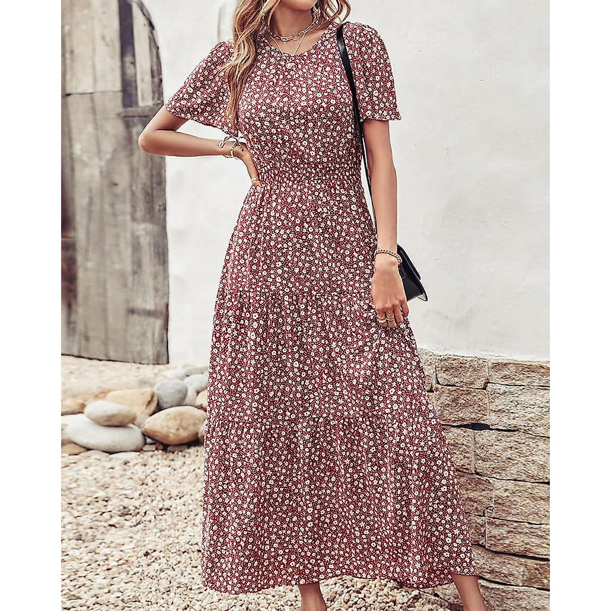 PRETTYGARDEN Women's Summer Casual Short Flutter Sleeve Round Neck Smocked Waist Tiered Boho Floral Flowy Maxi Dress(Floral Red Brown,X-Large)