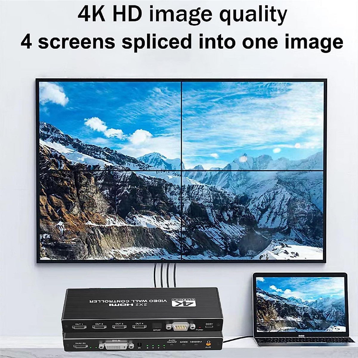 1x4 2x2 HDMI Video Wall Controller, 4K 60Hz with HDMI+DVI+RS232 Input, 180 Degree Rotate Video Processor for 4 TV Splicing