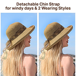 Beach Hats for Women - Sun Hat Womens, Wide Brim Sun Straw Hat for Women with Wind Lanyard Roll Up Hat UV Protection Foldable Khaki