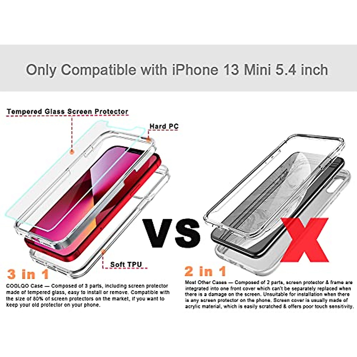 COOLQO Compatible for iPhone 13 Mini Case 5.4 Inch, with [2 x Tempered Glass Screen Protector] Clear 360 Full Body Protective Coverage Silicone 14 ft Drop Military Grade Shockproof Phone Cover