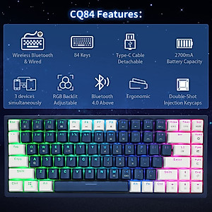 Chuangquan CQ84 Wireless Mechanical Gaming Keyboard, Compact 84 Keys, Programmable RGB Backlight, 60% Keyboard, Blue and White Keycaps for Ipad, Android/Windows Tablet, Desktop, PC Gamer(red Switch)
