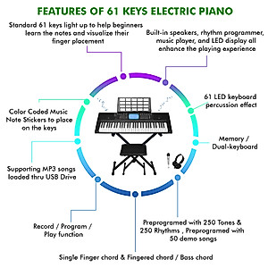 Technical Pro 61 Keys Electric Piano Learning Keyboard Bundle with Seat, Stand and Mic, 3x Learning Mode, Built In Speaker Headphone, LCD Display, LED Lights, Seat/Stand Included, USB, Wired Mic