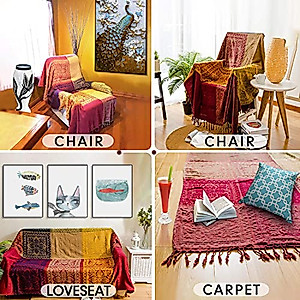 FinalNest Bohemian Tribal Throws Blankets Reversible Colorful Red Blue Boho Hippie Chenille Jacquard Fabric Throw Covers Large Couch Furniture Sofa Chair Loveseat Recliner Oversized (Red,S:75x60)
