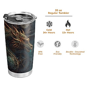 64HYDRO 20oz Steampunk Mechanical Engineer Clockwork Dragon Tumbler, Gaming, Gamer Gifts for Dragon Lovers, Stainless Steel Double Wall Vacuum Insulated Coffee Mug, Travel Cup with Lid