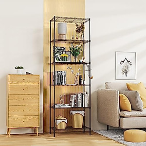 Himimi 6-Tier Wire Shelving Unit, Adjustable Metal Storage Rack with Wire Shelves, Versatile Wire Shelving Rack for Tall and Narrow Storage, Steel Storage Shelves for Organization & Side Hooks, Black