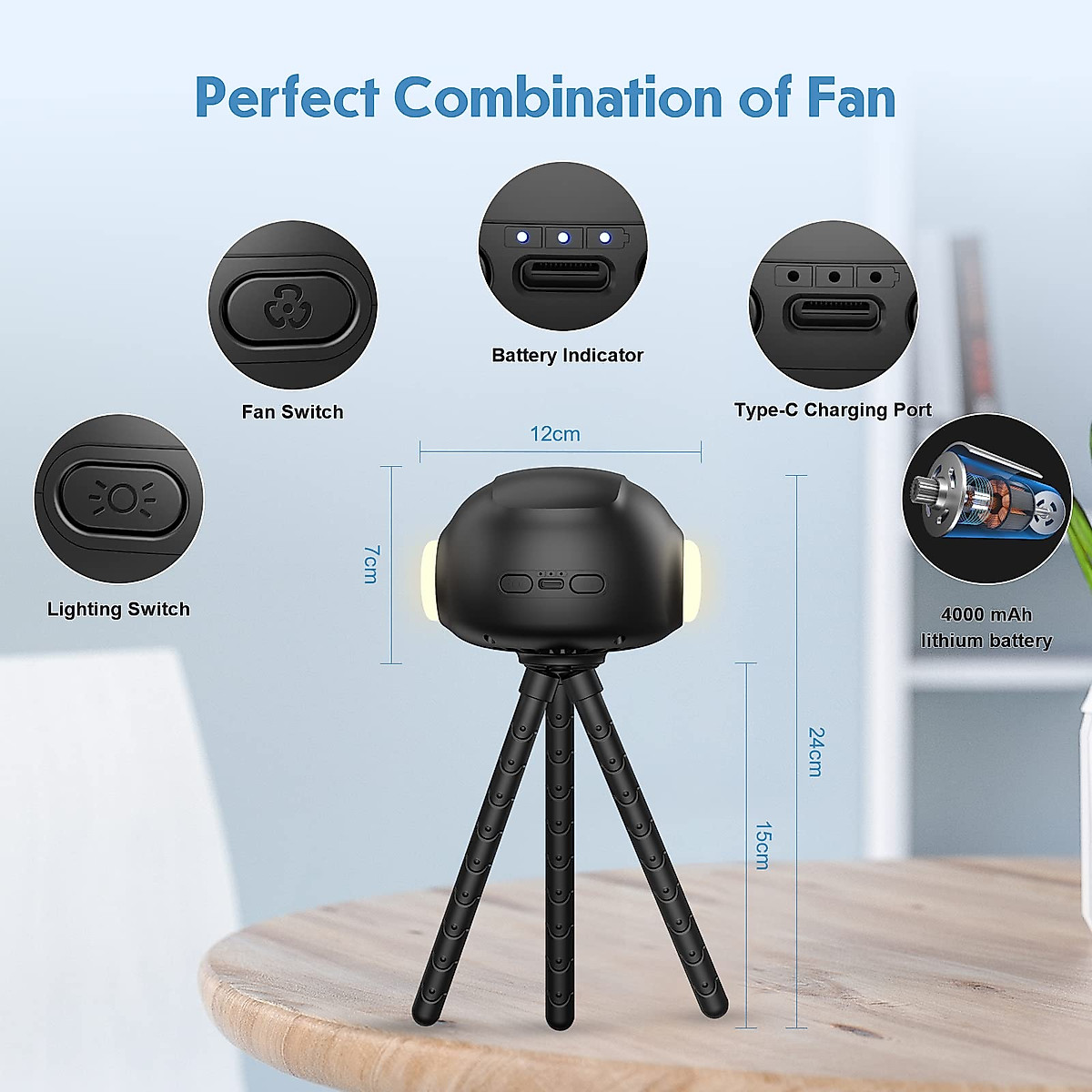 TOSTOG Stroller Fan with Light, Car Seat Fan Clip-on for Baby, Portable Bladeless Fan ​Mini Handheld Fan, 3-Speed Options USB Rechargeable Battery Operated Fan for Indoor&Outdoor