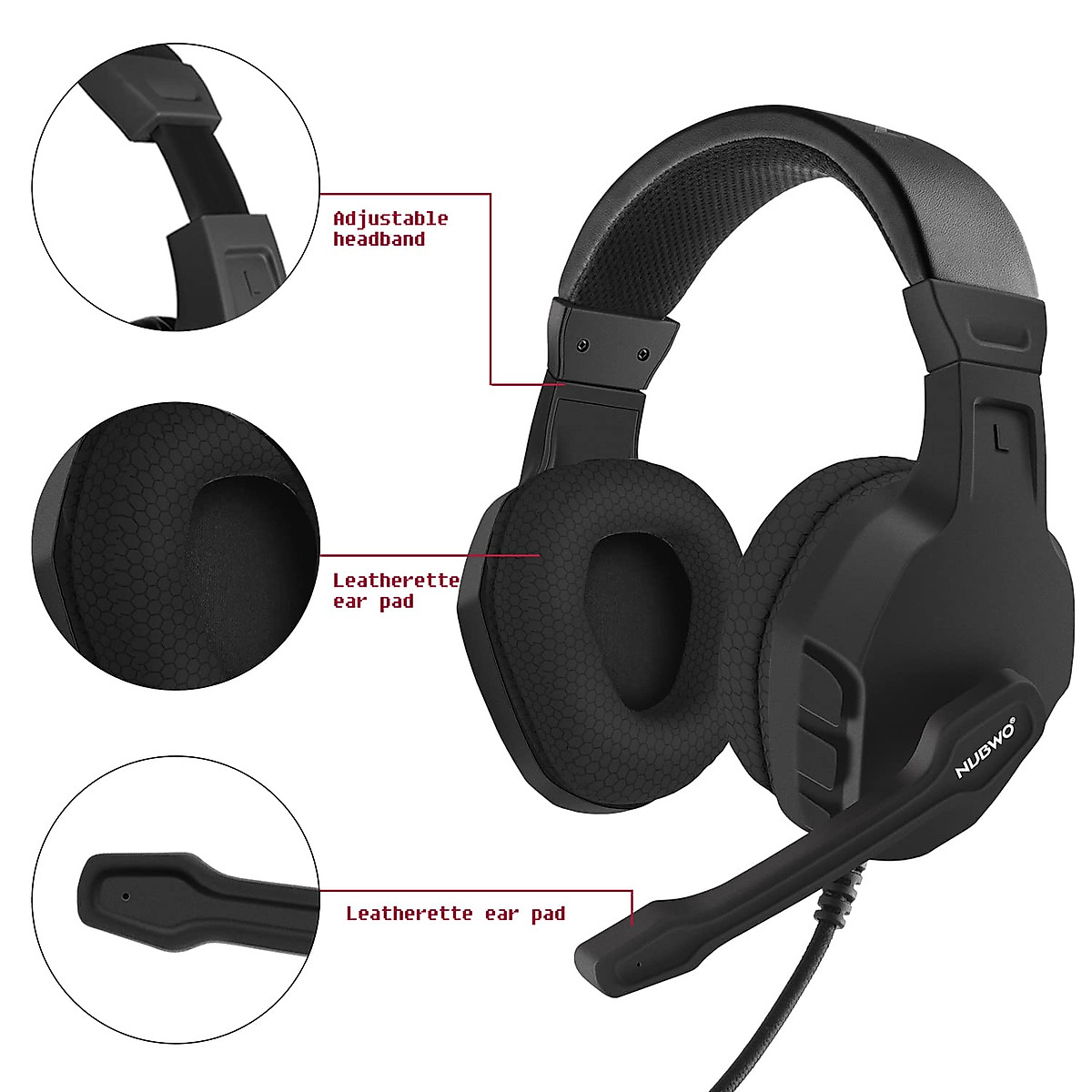 NUBWO U3 Gaming Headset with Mic for PC, PS4, PS5, Xbox 1, Mac, Switch, Wired Over-Ear Gaming Headphones with Mic Clear Call, Lightweight & in-Line Control-Black