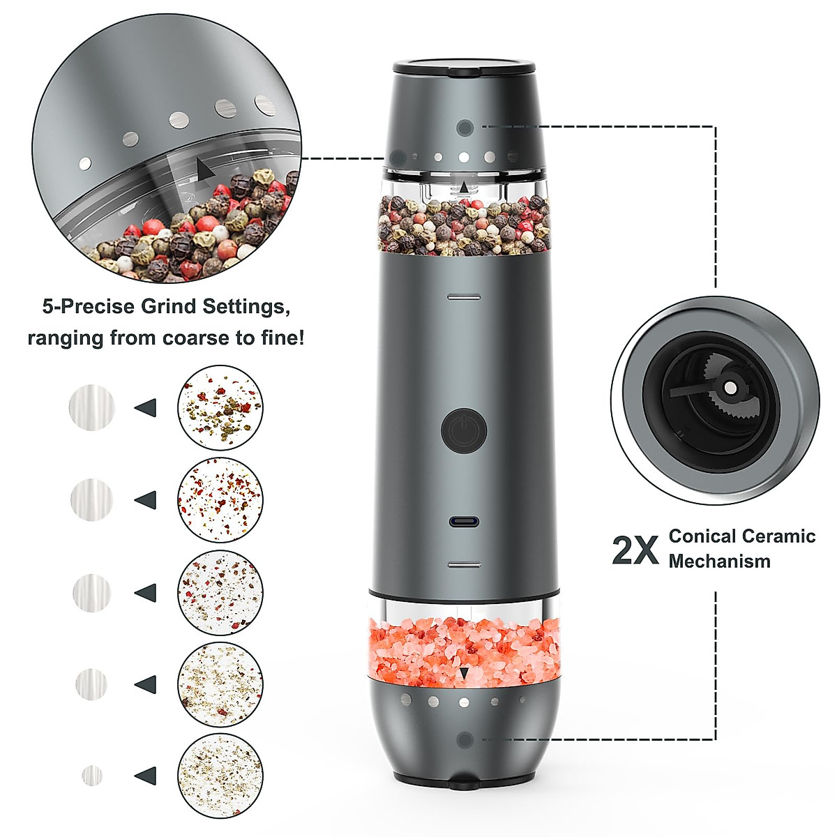 Electric Salt and Pepper Grinder 2 In 1 Duel Heads Grinding, Type-C Rechargeable, One Button Operation & Gravity, Automatic Salt Pepper Mills with Ceramic Grinding Teeth, 5-Precise Grind Settings
