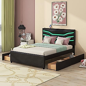 Queen Size Upholstered Storage Platform Bed with LED, 4 Drawers and USB Charging, Modern LED Bed Frame with Sturdy Wooden Slat Support for Kids Teens, Space Saving Design & Easy Assemble (Black)