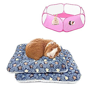 2 Packs of Square Plush Guinea Pig Bed and 1 Small Animals Playpen, Cozy Hamsters Sugar Glider Hedgehog Sleep Bed, Rabbit Cage Accessories Mat