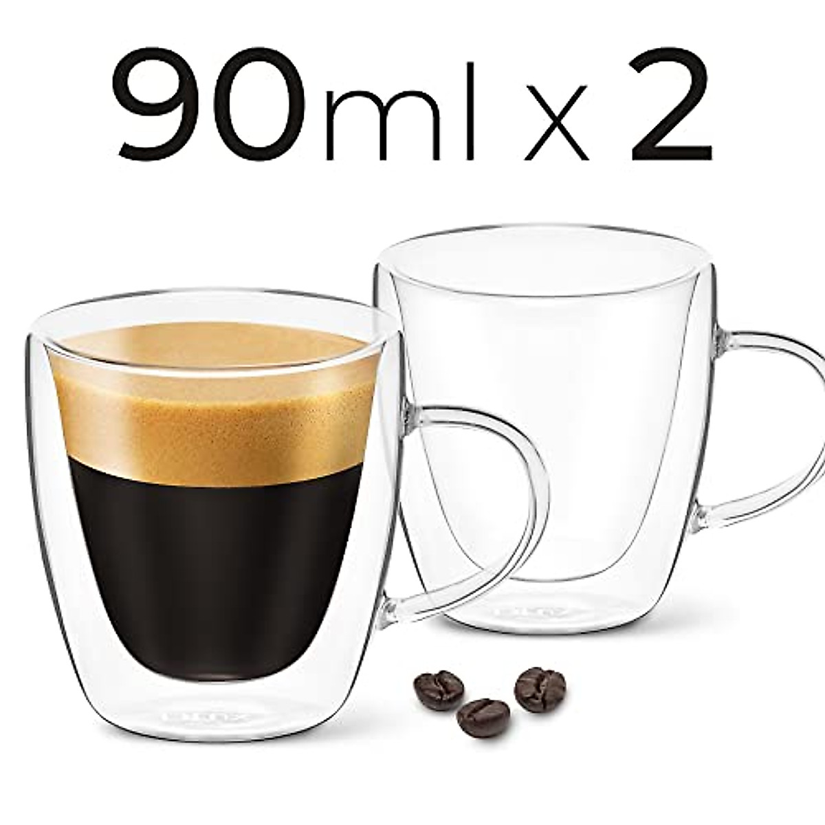 DLux Espresso Coffee Cups 3oz, Double Wall, Clear Glass Set of 2 Glasses with Handles, Insulated Borosilicate Glassware Tea Cup