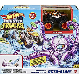 Hot Wheels Monster Trucks Octo-Slam Hero Playset with 1:64 Scale Die-cast Tiger Shark Vehicle, 2 Crushable Cars & Launcher, Gift for Kids Ages 3 to 8 Years Old