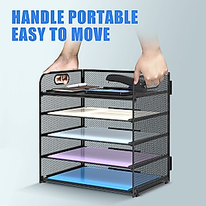 Supeasy 5 Trays Paper Organizer Letter Tray with Handle-Mesh Desk File Organizer,Black Paper Sorter Desk Organizer for Office,Home or School