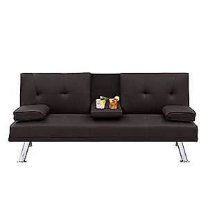 DKLGG Modern Futon Sofa Bed, Faux Leather Upholstered Sofa Couch, Convertible Sleeper Sofa with Removable Armrests 2 Cup Holders Couch Sofa Sleeper for Small Space, Home, Living Room, Apartment