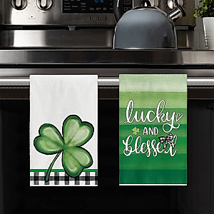 Artoid Mode Green Lucky and Blessed Clover Shamrock St. Patrick's Day Kitchen Towels Dish Towels, 18x26 Inch Seasonal Decoration Hand Towels Set of 2