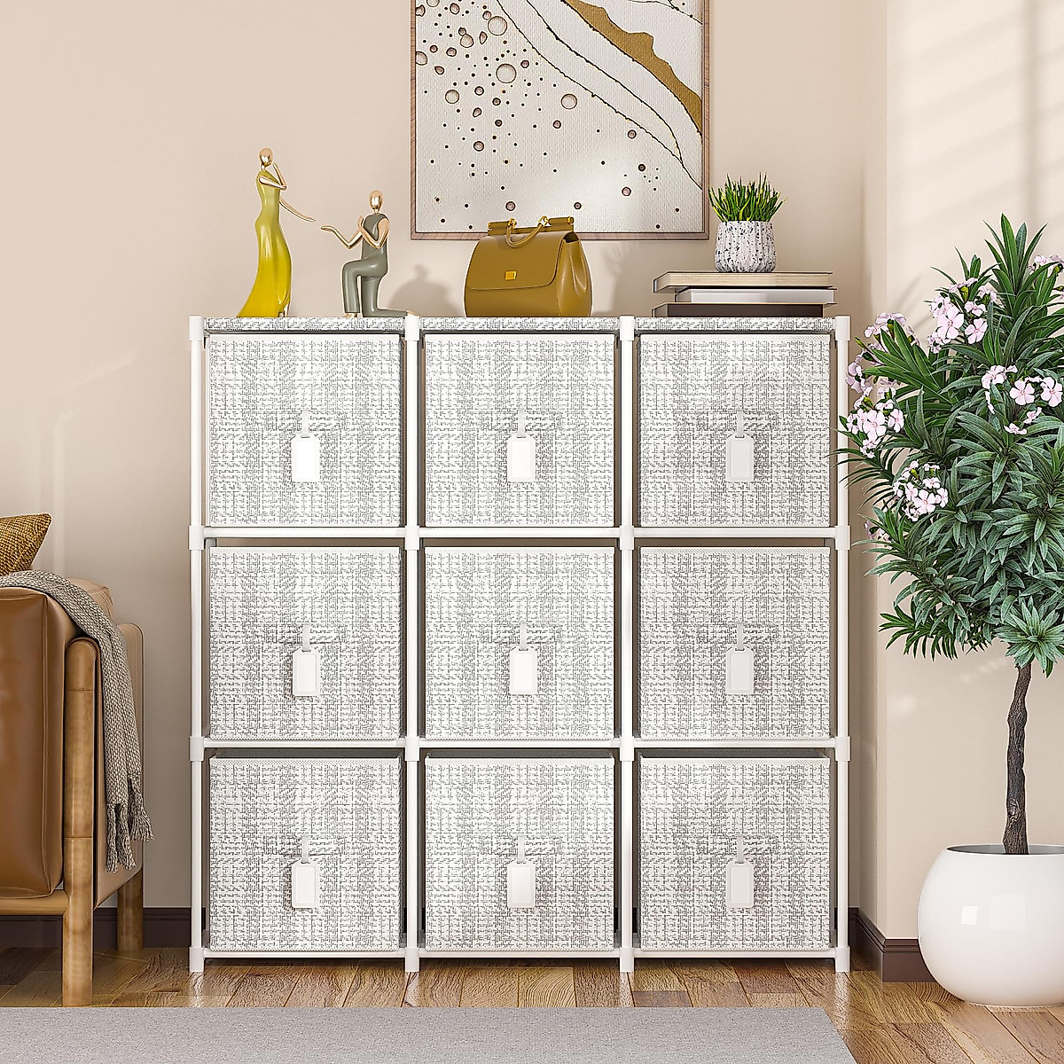 LUKYTOWER 9 Cube Storage Organizer with Printed Drawers, Toy Cubby Storage for Closet, Living Room, Dorm - White