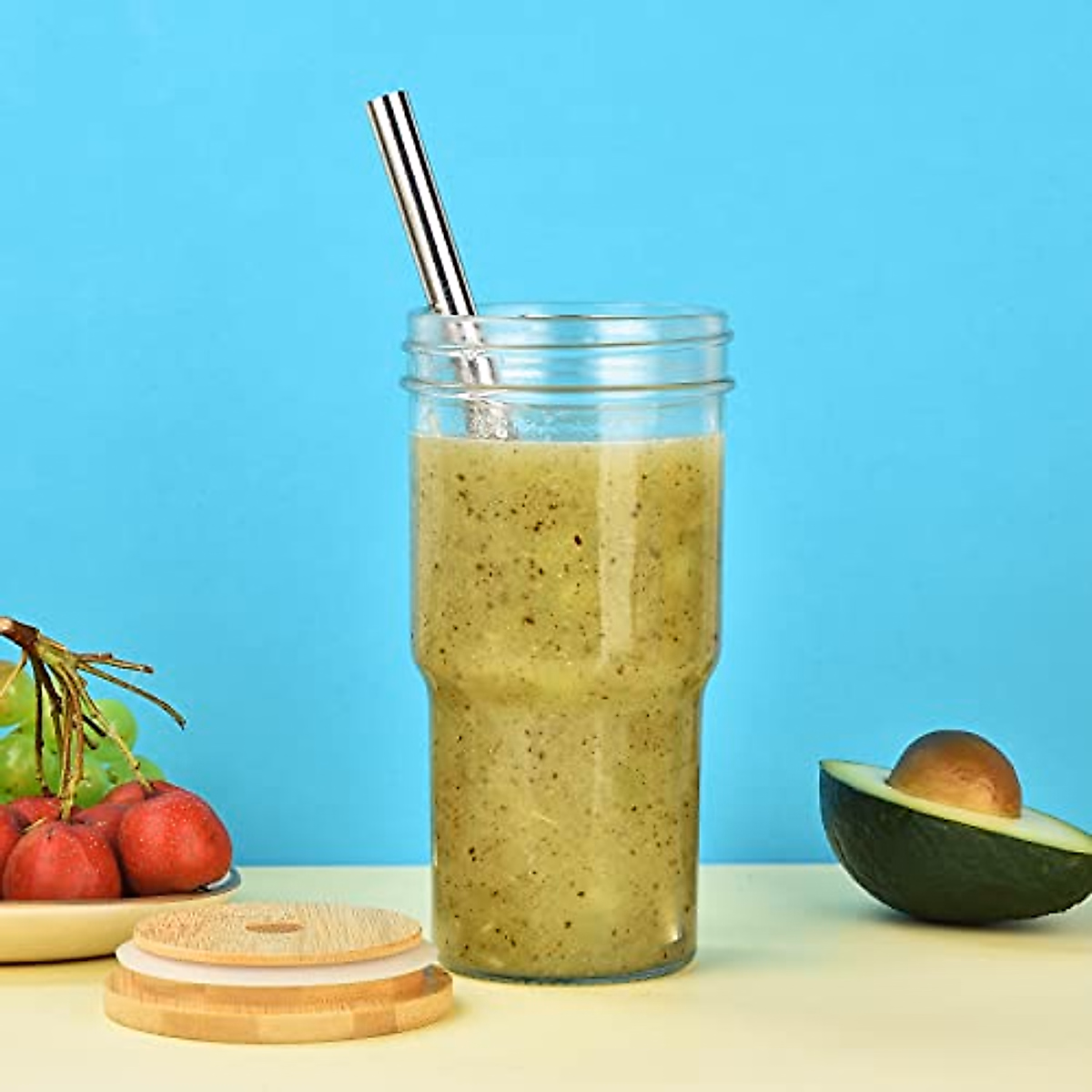 ALINK 4-Pack Glass Cups with Bamboo Lids and Straws, 22oz Mason Jar Glass Tumbler, Reusable Boba Cups, Iced Coffee Drinking Glasses for Bubble Tea, Smoothies, Juice - 2 Cleaning Brush