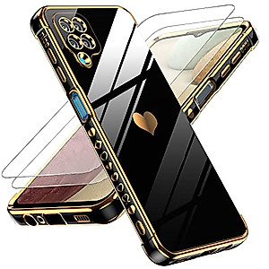 LeYi for Samsung Galaxy A12 Case with Tempered Glass Screen Protector [2 Pcs]+ Full Camera Lens Protection, Love Heart Plating Girly Women Cute Luxury Soft TPU Shockproof Case for Samsung A12, Black