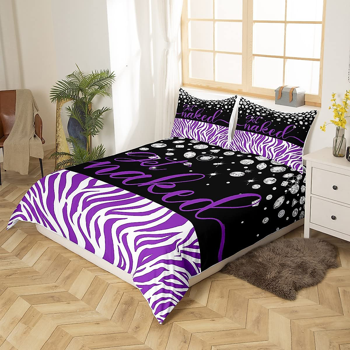 Feelyou Glitter Print (No Glitter) Diamond Bedding Set for Girls Pastel Zebra Comforter Cover Set Queen Size Get Naked Duvet Cover BedPurple Black White Bedspread Cover Bedding Collection 3Pcs