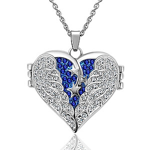 Heart Crystal Urn Necklace for Ashes A Piece Of My Heart Lives In Heaven Cremation Jewelry Angel Wings Memorial Keepsake Pendant (Blue)