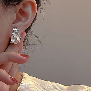 Cualque White Pearl Flower Drop Earrings 925 Sterling Silver Post Long Fringe Pearl Pendant Petal Stud Dangle Statement Earring for Women (Pearl Flower)