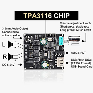 XY-C50H Bluetooth Amplifier Board, TPA3116D2 HiFi Chip 12-24V DC Input,Support USB Sound Card/USB Flash, AUX, Bluetooth Multiple Input Modes (XY-C50H with 12V/5A DC Power Adapter