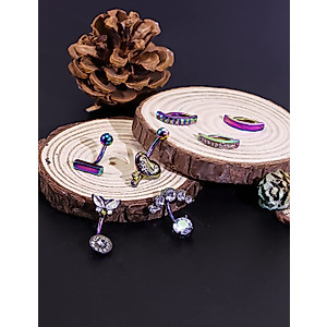 14G Belly Button Rings Belly Rings for Women Stainless Steel CZ Belly Piercing Jewelry Surgical Steel Clicker Belly Button rings Curved Navel Ring Barbell Body Jewelry Piercing Rainbow 7Pcs 10MM