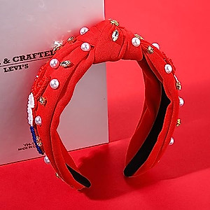 CEALXHENY Crystal Pearl Knotted Headbands - Patriotic Hair Accessory for Women, American Flag Outfits for Independence Day, Memorial Day Party Favors (USA-Red)