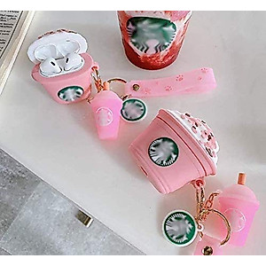 AirPods 2 & 1 Case Cover, 3D Cute Cartoon Kawaii Pink Drink Cup Keychain Design case, Charging Holster for Boys and Girls