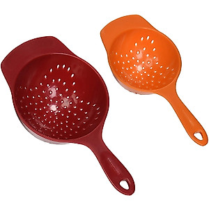 Brandobay Mini Colanders Set 2 Plastic Pack Kitchen Mesh Food Strainers Colander Handles Red Lime Green 6.5 and 7.5 Inch Strainer For Pasta Vegetables and Fruits