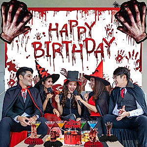 DARUNAXY Halloween Birthday Party Decorations, Red Halloween Happy Birthday Banner, Scary Handprint Balloons & Cake Topper, Horror Fake Broken Hands Dismember Honeycomb Hanging Swirl Balloons(36PC)