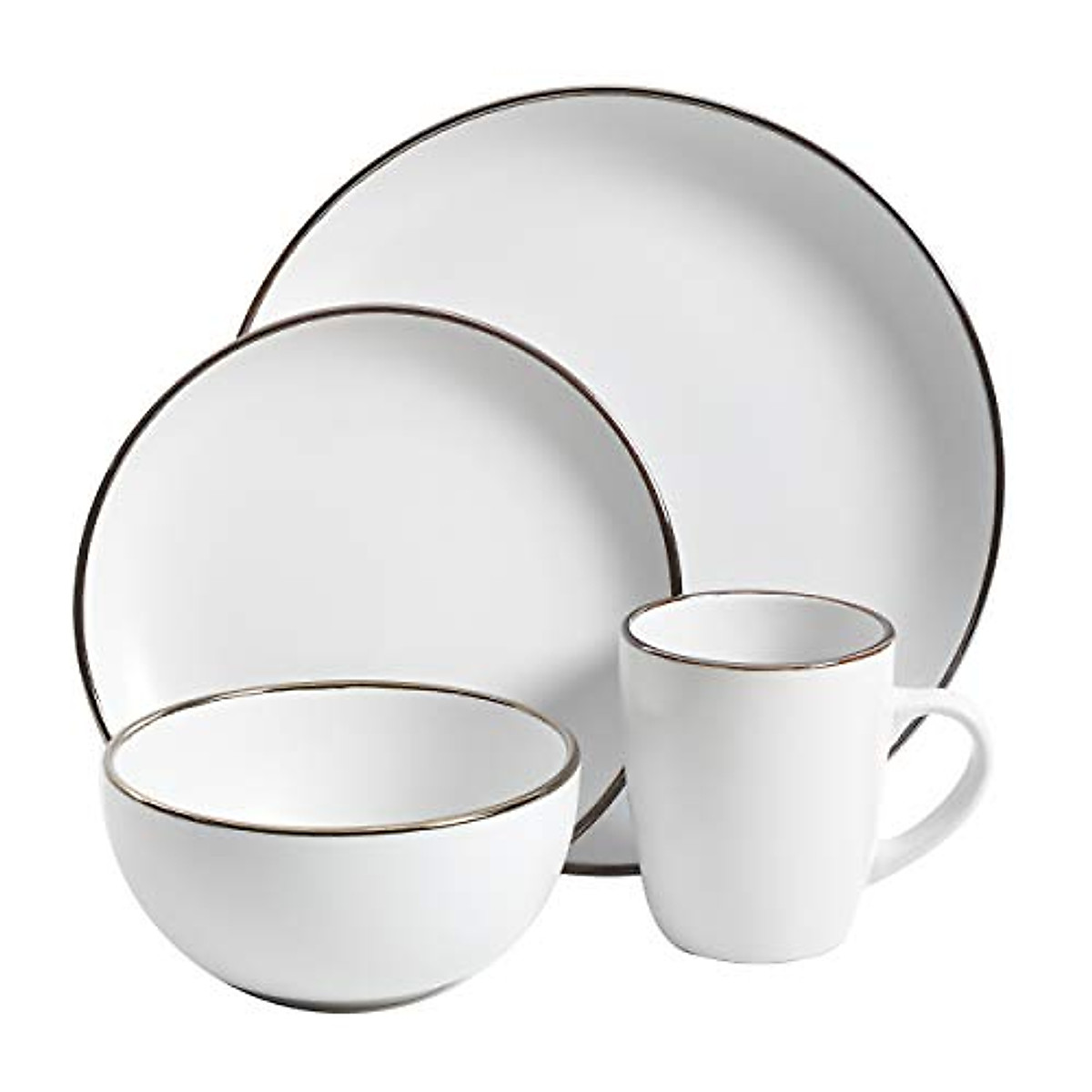 Gibson Home Rockaway Round Stoneware Dinnerware Set, Service for 4 (16pcs), Matte White/Metallic Rim