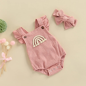 Douhoow Infant Baby Girl Rainbow Boho Ruffled Sleeveless Rompers Clothes with Headband (Pink, 3-6 Months)