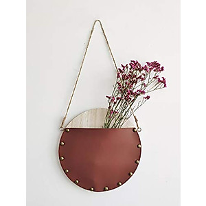 RISEON Handmade Boho Leather Wall Pocket Wall Hanging Decorative Storage Organizer,Natural Rustic Wall Plant Holder Pouch,Small Wall Displsy Bin Organizer