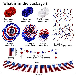 26Pcs Patriotic Party Decorations 4th of July Decor Set - USA Flag String Red White Blue Paper Fans Star Streamer Pom Poms Hanging Swirls for Labor Day,Veterans Day,Presidents Day,Flag Day