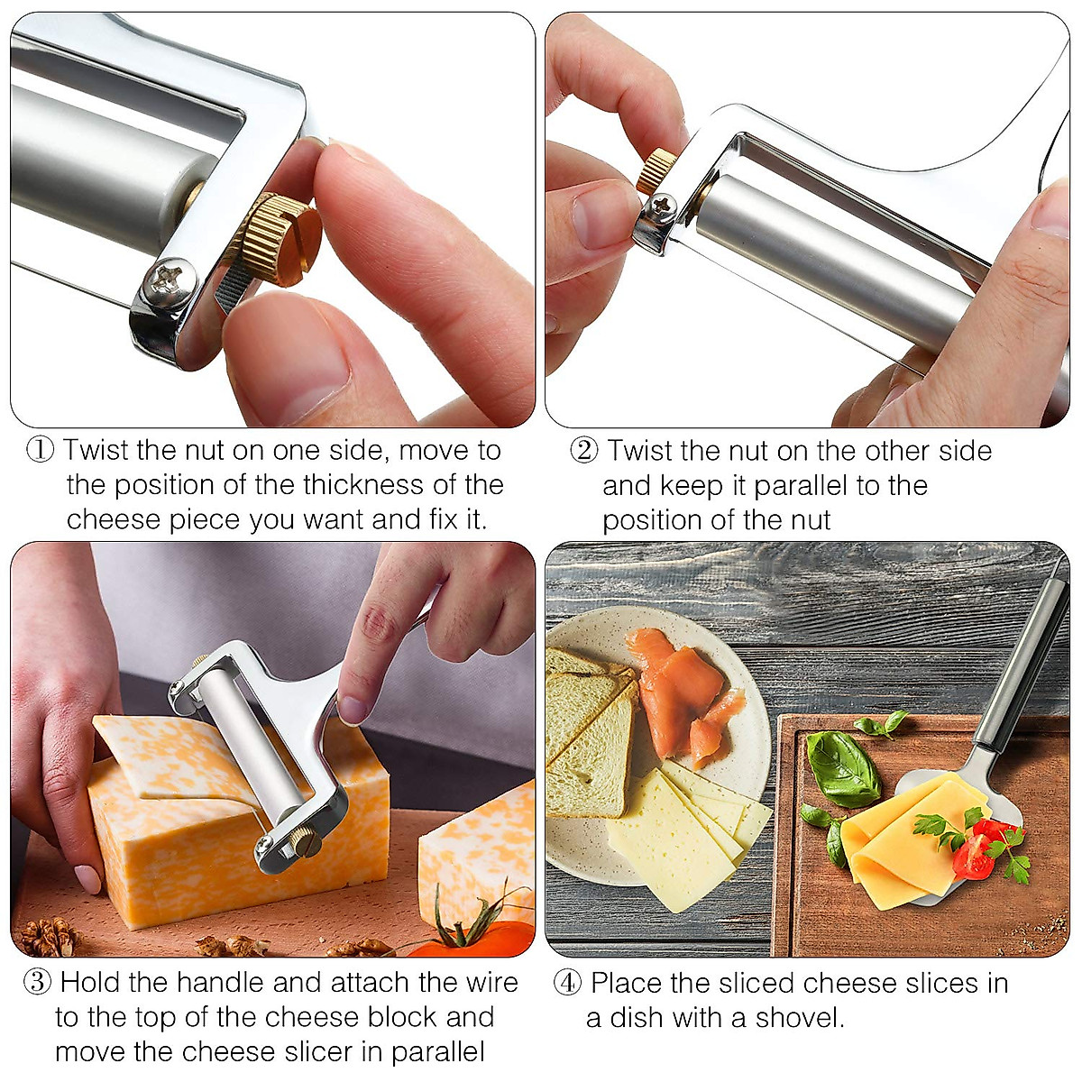 Mudder 2 Pieces Cheese Cutter,Adjustable Thickness Stainless Steel Wire Cheese Slicer with Cheese Plane Tool for Soft, Semi-Hard, Hard Cheeses Kitchen Cooking Tool for Kitchen Cooking