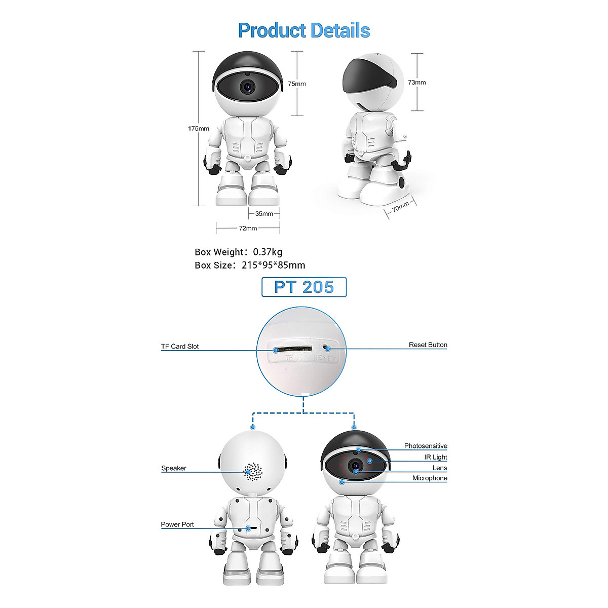 2MP 1080P HD 2.8MM Lens Security Robot Camera WiFi Wireless IR 10M Motion Detection Auto Tracking Built-in Microphone AI Humanoid Detection PTZ IP Camera Day/Night Vision