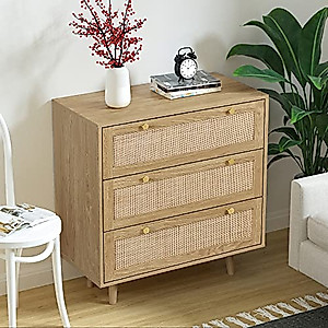 Anmytek Modern Rattan Wood Chest of 3 Drawer Dresser with Spacious Storage for Bedroom Living Room H0027, Rustic Oak