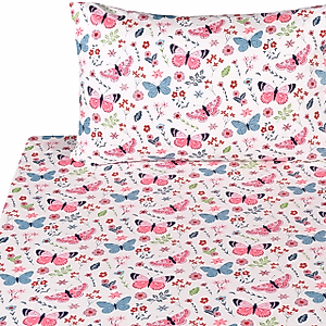 Scientific Sleep Butterfly Pink Flower 100% Cotton Cozy Fun Twin Bed Sheet Set, Flat Sheet & Fitted Sheet & Pillowcase Kids Boys Girls Bedding Set